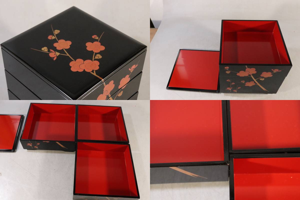 日本代購代標第一品牌【樂淘letao】－E901 本塗三段重箱/黒漆塗/漆器/梅図/茶道具/和骨董/和食器/工芸品