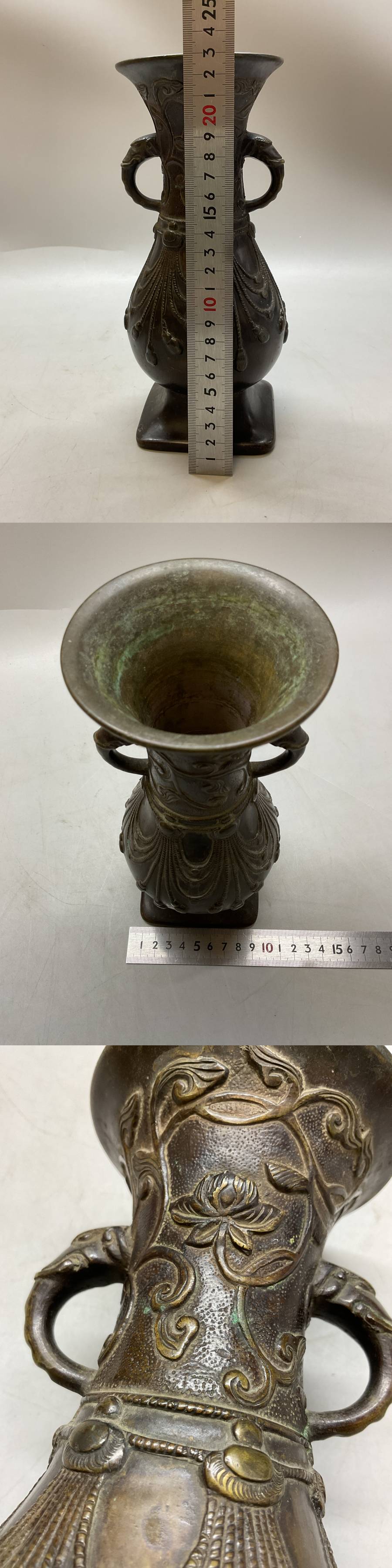 日本代購代標第一品牌【樂淘letao】－N5/4 古銅花唐草盛上文双象耳花瓶 老銅刻花卉紋双象耳瓶 銅製花瓶 銅花入 銅花瓶 重量1373.8g 銅製 花器